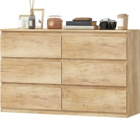 HOMCOM komoda 6 zásuvek úložný nábytek bez úchytek minimalistický design 120 x 39 x 75 cm dub