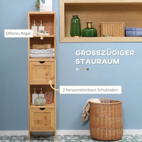 kleankin koupelnová skříňka vysoká skříňka z bambusu se 3 policemi a 2 zásuvkami, ochrana proti překlopení, víceúčelová boční skříňka do koupelny | A…