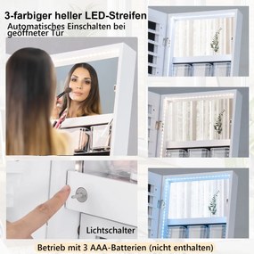 Costway Šperkovnice se zrcadlem a 3 barevným LED osvětlením – 41,5 × 37 × 157 cm