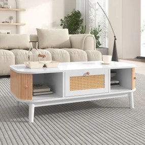 Aosom Ratanový konferenční stolek 110x55 cm, rustikální design s šuplíky - Ideální do obývacího pokoje a na terasu, barva dřeva a bílá