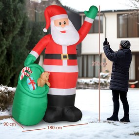 Outsunny Nafukovací Santa Claus, 275 cm, s pytlem a medvědem, vánoční dekorace s integrovanými LED světly