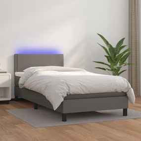 vidaXL Box spring postel s matrací a LED 90x200 cm umělá kůže [3134143] Barva: Šedá