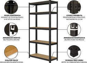 Regál 180x90x30 cm lakovaný 5-policový, nosnost 875 kg - černý - 4ks