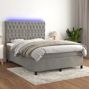 Box spring postel s matrací a LED světle šedá 140x190 cm samet