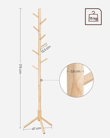 Masivní dřevěný stojan na kabáty s 8 háčky, 175 cm vysoký