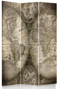 Ozdobný paraván, Starožitná mapa světa - 110x170 cm, třídílný, obustranný paraván 360°