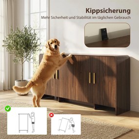 HOMCOM moderní komoda 152 cm, kredenc se 4 úložnými přihrádkami, tlumené dovírání, ořechová