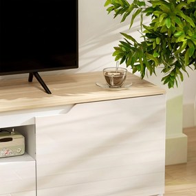 HOMCOM TV nízká komoda, vysoký lesk, pro televizi až 65'', 3 přihrádky, zásuvka, 160 x 38 x 43 cm, přírodní dřevo