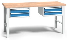 Pracovní stůl do dílny WL se 2 závěsnými boxy na nářadí, buková spárovka, 4 zásuvky, pevné kovové nohy, 2000 mm