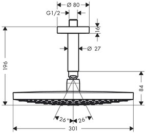 Hansgrohe Raindance Select S, hlavová sprcha 300 2jet s přívodem ze stropu, chromová, HAN-27337000