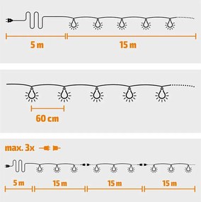 LED venkovní světelný řetěz WO794-1, 15 + 5 m, černá