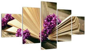 Obbraz knihy a fialové květiny (125x70 cm)