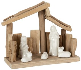 Přírodní dřevěný Betlém s porcelánovými postavičkami - 25*10*19 cm