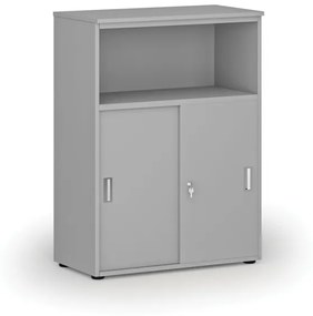 Kombinovaná kancelářská skříň se zásuvnými dveřmi PRIMO GRAY, 1087 x 800 x 420 mm, šedá