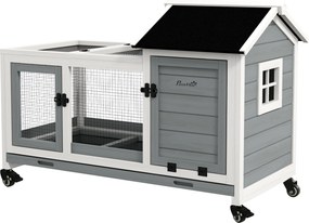 Dřevěná klec pro trpasličí králíky PawHut, 108 x 58 x 73,5 cm, malá zvířecí klec s venkovním výběhem, kolečky, skládací střechou, trpasličí králičí k…