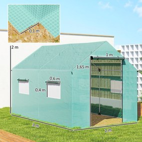 Fóliový skleník Outsunny 2x3x2m odolný proti větru s rolovacím oknem a UV ochranou, ideální pro rajčata, robustní ocelová konstrukce v zelené barvě |