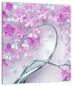 Obraz květů na stříbrném kmeni - abstrakt (30x30 cm)