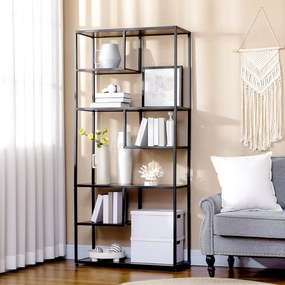 HOMCOM Knihovna v industriálním stylu s 7 policemi - ocelový rám pro obývací pokoj, ložnici a kuchyni - 83 x 34 x 180 cm