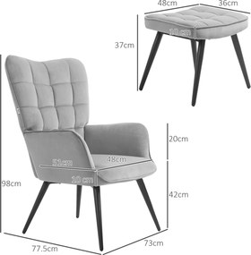 HOMCOM křídlové křeslo s taburetem, lounge křeslo polohovací křeslo čalouněné křeslo sametový vzhled TV křeslo jídelní židle do 120 kg světle šedá | …