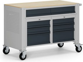 Pojízdný dílenský stůl G9, 8 zásuvek, 1180 x 595 x 865-1130 mm, šedá/grafit