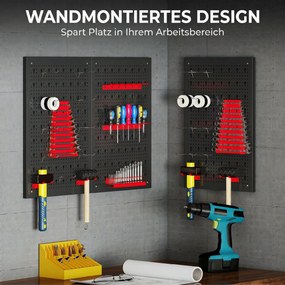 HOMCOM nástěnný pegboard 3×60 × 40 cm, 28dílný držák nářadí s háčky a přihrádkami, černá/červená