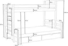 Dětská patrová postel z masivu borovice s rozšířeným spodním lůžkem SAVANA  se šuplíky - 200x90/140 cm - BÍLÁ