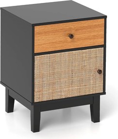 Costway Ratanový noční stolek se zásuvkou a skříňkou v boho stylu, černý