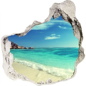 Wallmuralia Díra 3D ve zdi nálepka Seychely pláž 75x75 cm