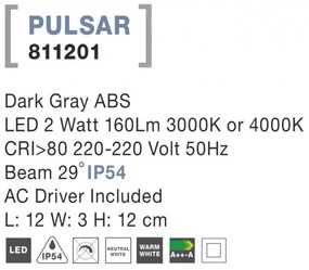 Svítidlo Nova Luce PULSAR STEP GREY 4 schodišťové, IP 54, 2 W