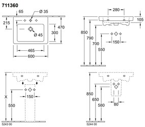 Villeroy & Boch Villeroy Boch SUBWAY 2.0: umyvadlo 600x470mm pro 1-otvorovou baterii, bílá Alpin, 71136001