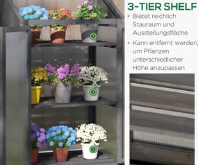 Mini-Gewächshaus, kleines Treibhaus mit Holzrahmen, Fenster und Doppeltür, 3 Regale, 70L x 50B x 120H cm, Grau