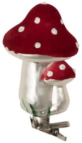 Červeno-bílá skleněná vánoční ozdoba muchomůrky na kolíčku – 6x10 cm