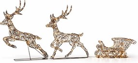3D LED svítící jeleni a sáně, 180 × 86 × 18 cm, teple bílá, 380 LED, drát, hnědá, IP44