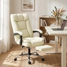 HOMCOM Ergonomická kancelářská židle s opěrkou nohou, potažená umělou kůží, na kolečkách, otočná, kov, béžová+černá