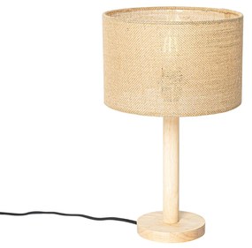 Rustikální stolní lampa dřevo s lněným stínítkem přírodní 25 cm - Mels
