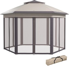 Outsunny Pavilon 4x4m Voděodolný Skládací Pavilon v Hexagonálním Designu, Dvojitá Střecha, Zahradní Pavilon se 6 Bočními Panely, Party Stan včetně Pře