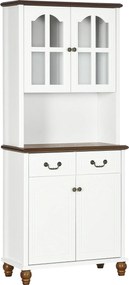HOMCOM Vysoký Kuchyňský Skříňový Kabinet s Pracovní Plochu, 4 Dveře a 2 Zásuvky, Buffet Skříň, Mikrovlnná Skříňka s Nastavitelnými Policemi, Funkce Mě