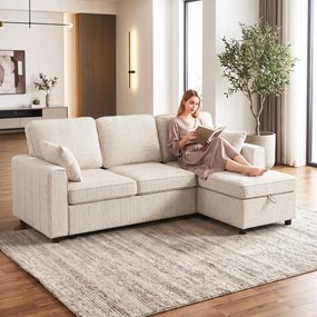 HOMCOM rohová rozkládací pohovka z chenillu, modulární 3místná pohovka 225 cm s úložným pufem, béžová