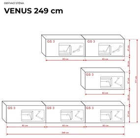 Ral Obývací stěna VENUS 2, 249 cm - Bílo/černý lesk