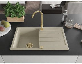 Mexen Bruno, granitový dřez 795x495x200 mm, 1-komorový, béžová se zlatým sifonem, 6513791010-69-G