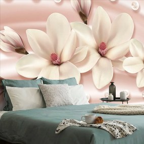 Tapeta magnolie s perlami na saténovém pozadí - 150x100 cm