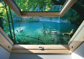 Fototapeta - Pohled z okna na tyrkysové jezero (254x184 cm)