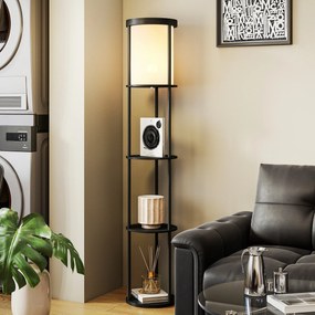 HOMCOM Stojací lampa s 3 policemi, kulatý design, dálkové ovládání, nožní spínač, nastavitelná teplota světla, pro obývací pokoj, černá