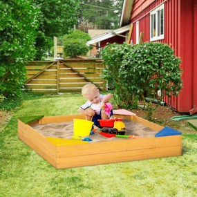 Dětský dřevěný pískoviště Outsunny čtvercové pro děti od 3 do 8 let s neprodyšnou látkou a 4 sedadly pro zahradu, terasu, 109x109x19,8 cm přírodní