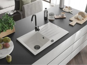 Mexen Cesar, granitový dřez 775x470x190 mm, 1-komorový, bílá s černým sifonem, 6514771010-20-B
