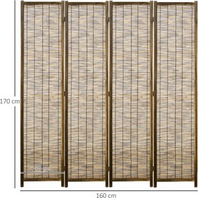 HOMCOM 4-panelový skládací paravan 160 cm x 1.8 cm x 170 cm Rustikální dřevěný a rákosový oddělovač místností pro kancelář, ložnici, obývací pokoj