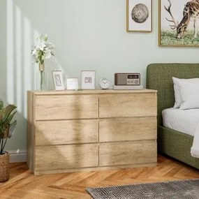 HOMCOM komoda 6 zásuvek úložný nábytek bez úchytek minimalistický design 120 x 39 x 75 cm dub