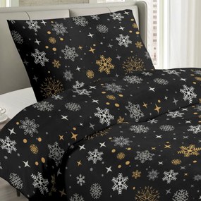 Jahu Povlečení MAGIC BLACK, vánoční motiv, zlaté a šedé vločky na černé, mikroflanel, 140x200cm + 70x90cm