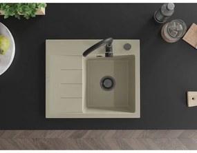 Mexen Ben, 1-komorový granitový dřez 600x500x190 mm, pravý + černý sifon, béžová, 6523605000-69-B