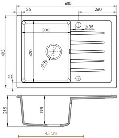 Sink Quality Titanite, kuchyňský granitový dřez 680x495x215 mm + zlatý sifon, černá skvrnitá-Brocade, SKQ-TIT.B.1KKO.XG
